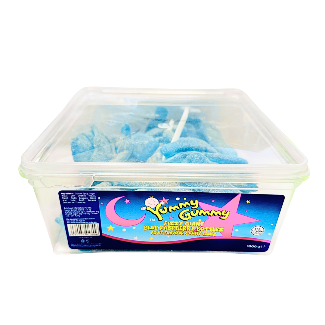 Yummy Gummy Giant Fizzy Blue Raspberry Bottles 1000g Tub - Monmore ...